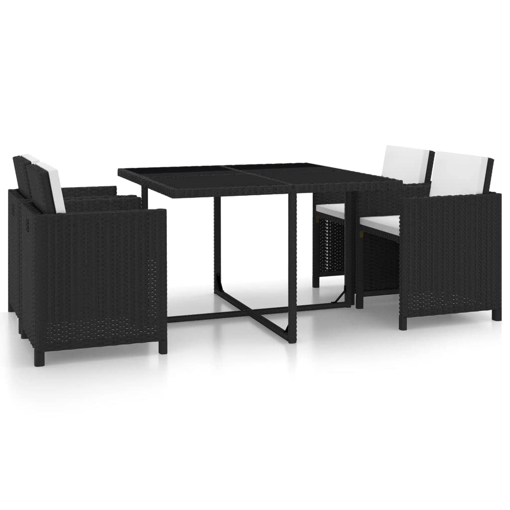 5 Piece Outdoor Dining Set with Cushions | Patio Dining Set | Garden 1 Glass Top Dining Table and 4 Rattan Chairs for Backyard, Poolside and Yard | Black Poly Rattan with Steel Frame