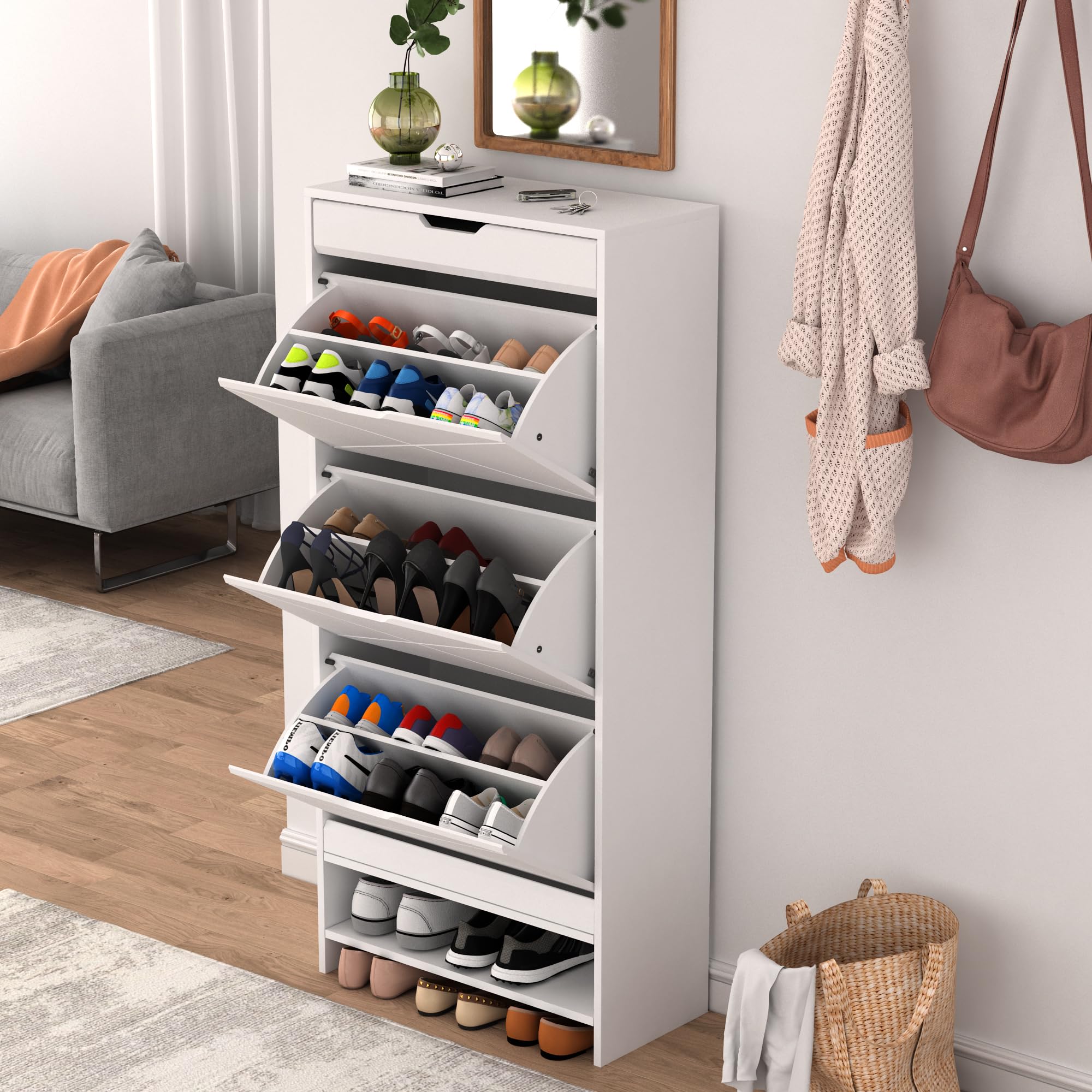 Modern Freestanding White Shoe Storage, with 3 Tier Tipping Bucket Shoe Storage Cabinet and 1 Drawers 2 Tier Open shoe cabinet,Wood 3-Tier Shoe Rack Storage Organizer for Entryway,Hallway & Bedroom