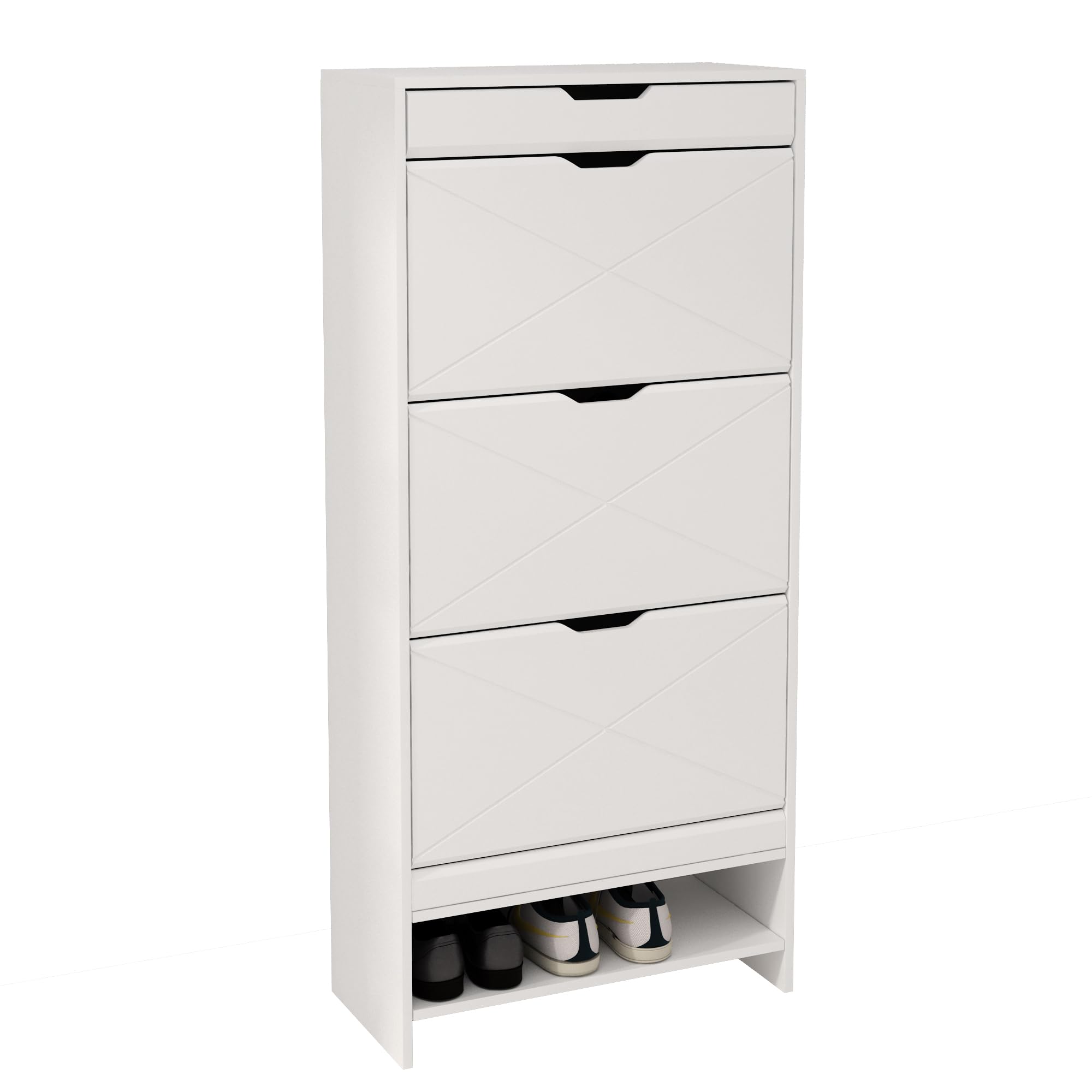 Modern Freestanding White Shoe Storage, with 3 Tier Tipping Bucket Shoe Storage Cabinet and 1 Drawers 2 Tier Open shoe cabinet,Wood 3-Tier Shoe Rack Storage Organizer for Entryway,Hallway & Bedroom