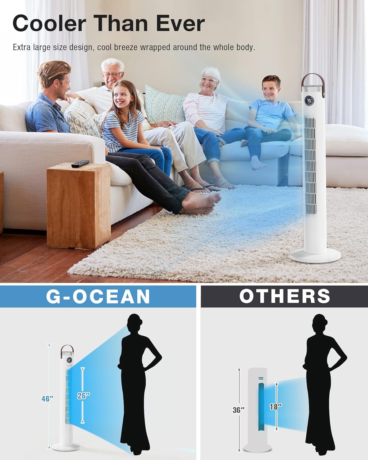 Simple Deluxe Tower Fan with Remote, 46 Inch Oscillating Fan, Bladeless Fans with 24H Timer, 3 Speeds, 3 Modes, LED Display, Cooling Standing Floor Fan for Bedroom Living Room Home Office