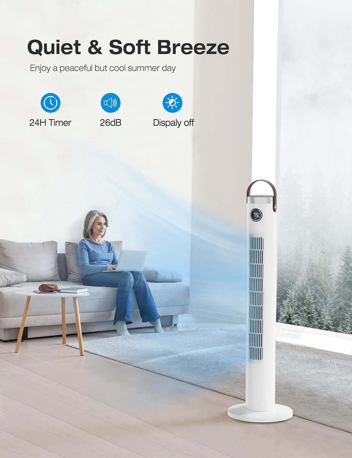 Simple Deluxe Tower Fan with Remote, 46 Inch Oscillating Fan, Bladeless Fans with 24H Timer, 3 Speeds, 3 Modes, LED Display, Cooling Standing Floor Fan for Bedroom Living Room Home Office
