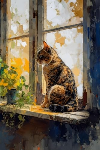 Diamond Painting Kit for Adults and Children-Cat on Window Sill Beginner DIY 5D Full Circle Gemstone Art-Suitable for Home Bedroom Wall Decoration (20x30inch)