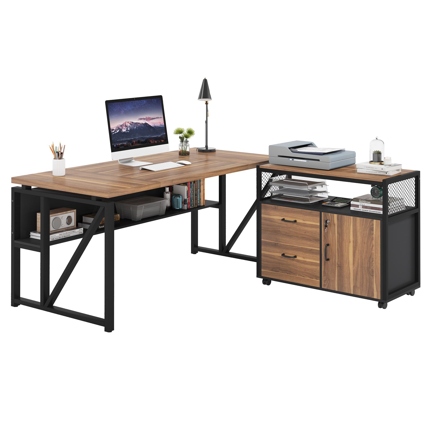 Tribesigns 63" L Shaped Desk with Drawer Cabinet, Executive Computer Desk and lateral File Cabinet, 2 Piece Home Office Furniture with Drawers for Hanging File, Doors with Locks (Brown, 63 inches)