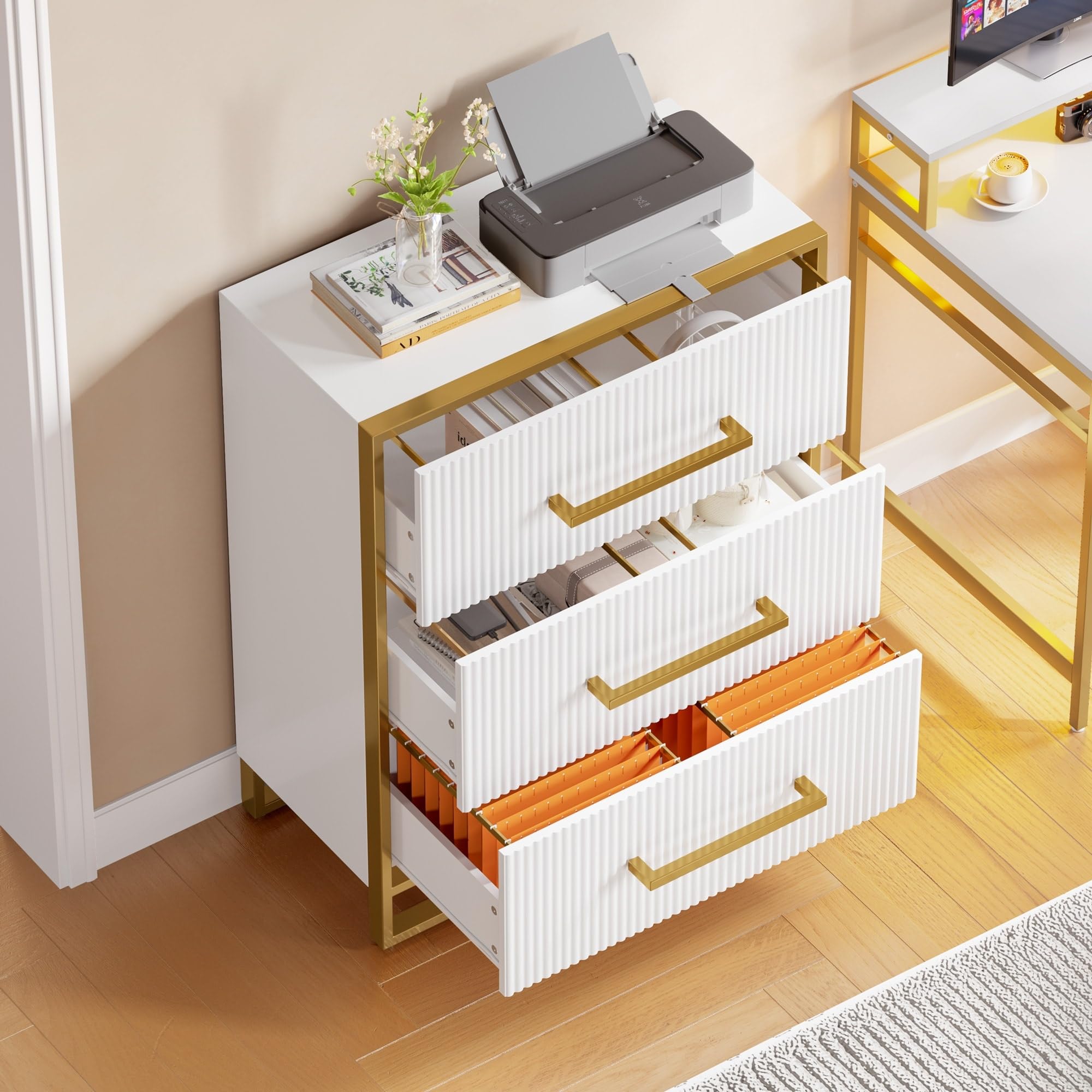 File Cabinet Lateral Filing Cabinets for Home Office with 3 Drawers Gold Frame White Modern Contemporary Wood