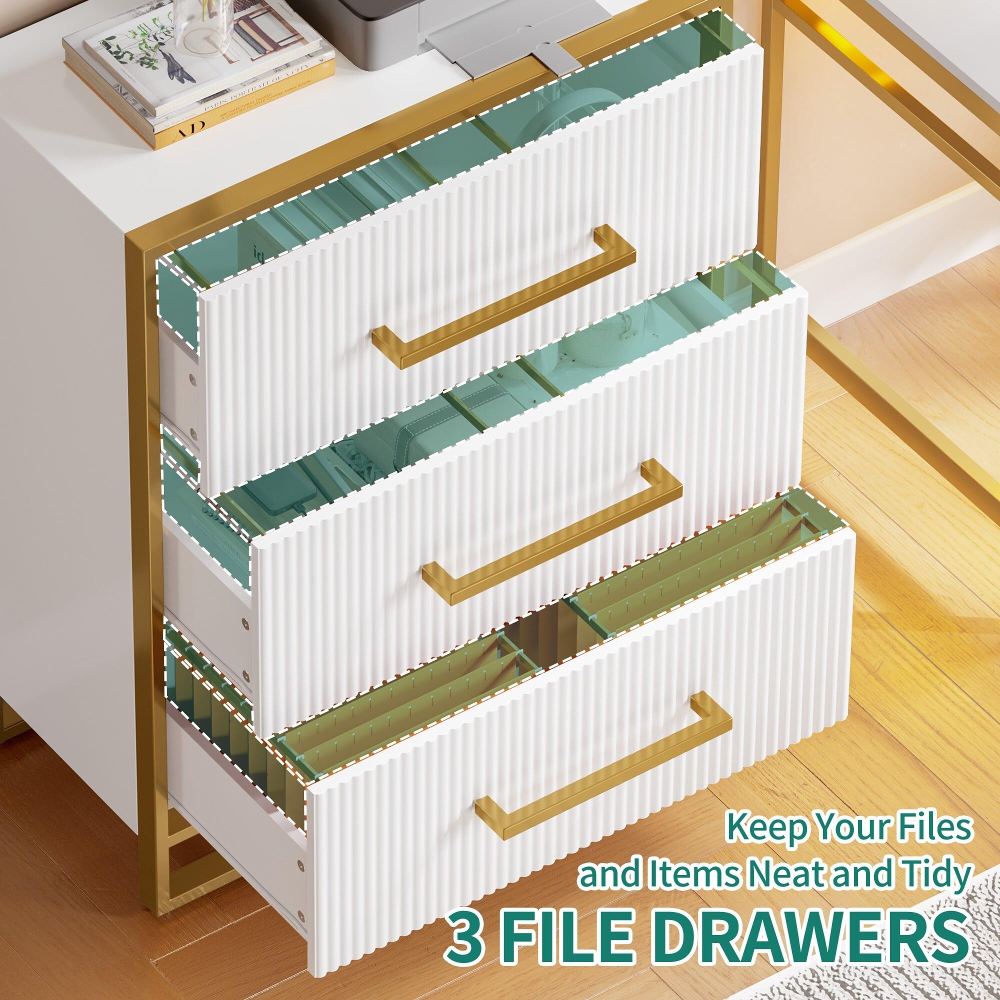 File Cabinet Lateral Filing Cabinets for Home Office with 3 Drawers Gold Frame White Modern Contemporary Wood