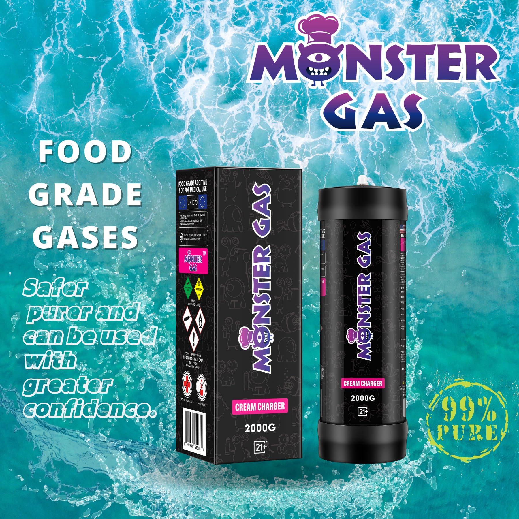 MONSTER GAS 3.3L N2O Whipped Cream Charger, 2000G Whip Cream Charger, Nitrous Oxide Tank (1 Cylinder)