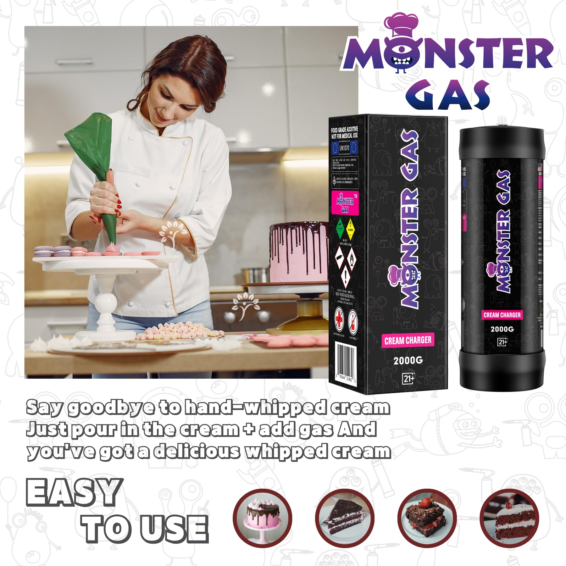 MONSTER GAS 3.3L N2O Whipped Cream Charger, 2000G Whip Cream Charger, Nitrous Oxide Tank (1 Cylinder)