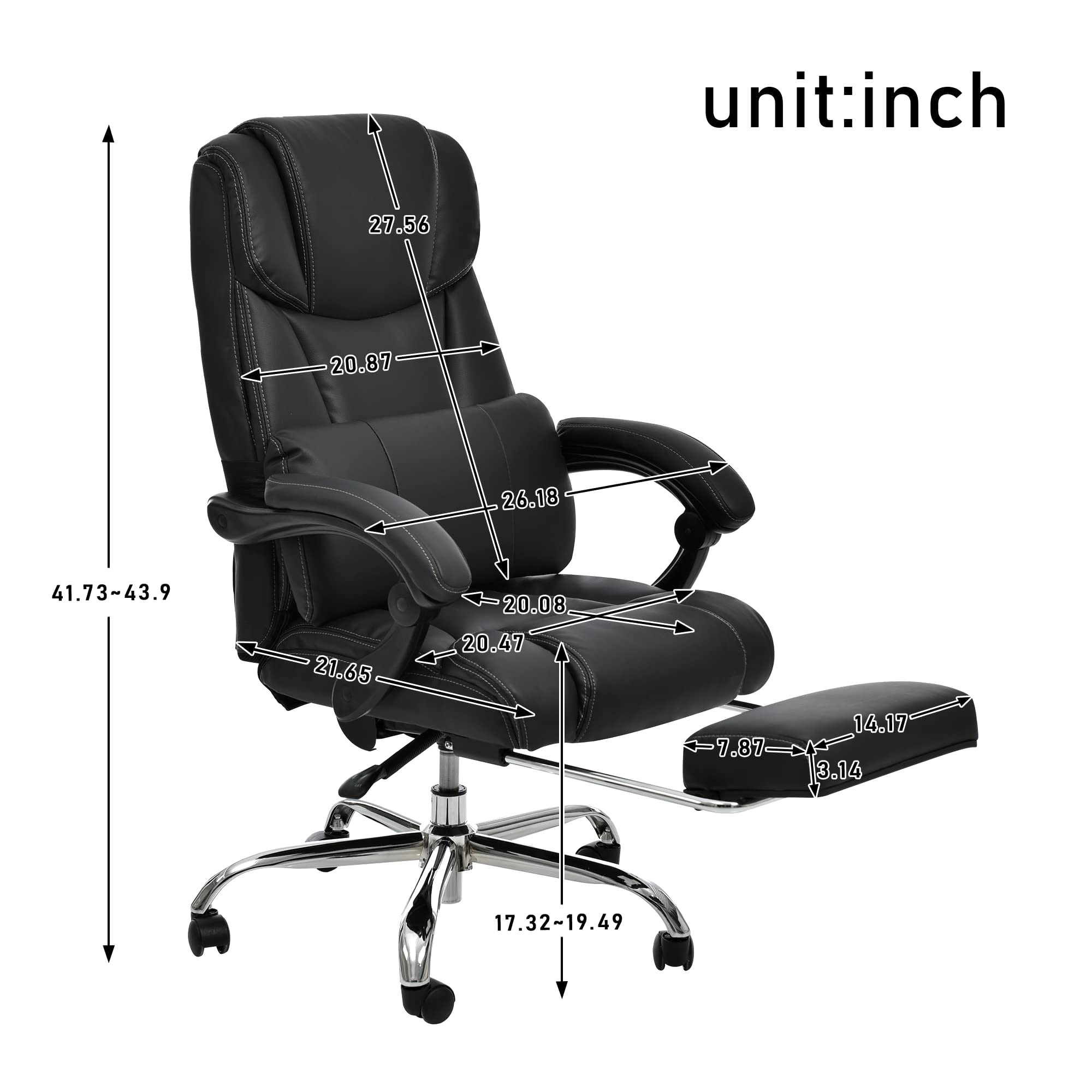 RINDOW Office Chair PU Leather/Double Cushion/Support pad and Foot stools, Comfortable Seats, Adjustable Chairs, Easy Assembly, Black