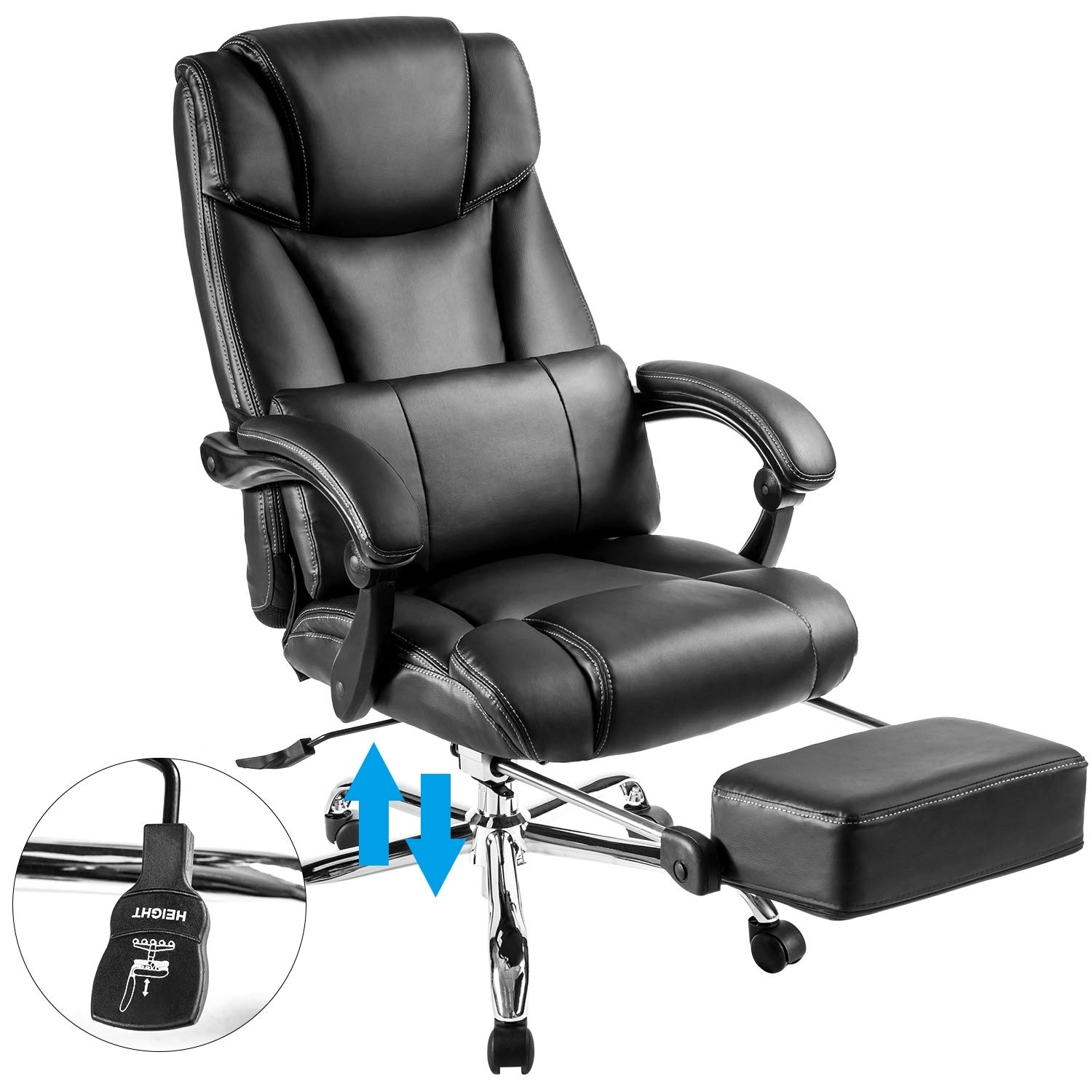 RINDOW Office Chair PU Leather/Double Cushion/Support pad and Foot stools, Comfortable Seats, Adjustable Chairs, Easy Assembly, Black