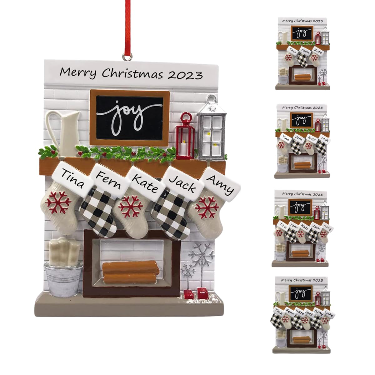 Personalized Christmas Ornaments 2023 Fireplace Mantle Family of 2/3/4/5/6 Custom Name Stockings Joy Ornament for Xmas Tree Decorations Gifts Keepsake - Family of 5