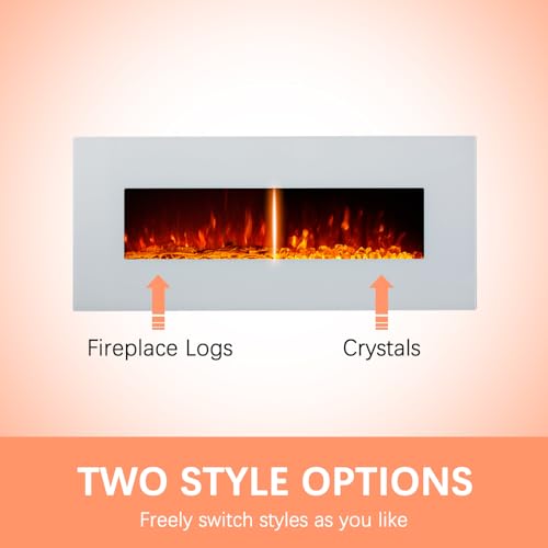 Amerlife 50" Electric Fireplace Wall-Mounted, Fireplace Heater with Timer, Remote Control, Adjustable Flame Brightness, Log Set & Crystal Options, White