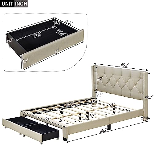 Goohome Queen Size Platform Bed with 2 Storage Drawers, Linen Upholstered Queen Bedframe with Headboard and Sturdy Wood Slats, Noise-Free, No Box Spring Needed, for Boys Girls Teenager