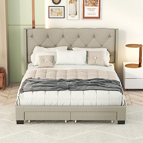 Goohome Queen Size Platform Bed with 2 Storage Drawers, Linen Upholstered Queen Bedframe with Headboard and Sturdy Wood Slats, Noise-Free, No Box Spring Needed, for Boys Girls Teenager