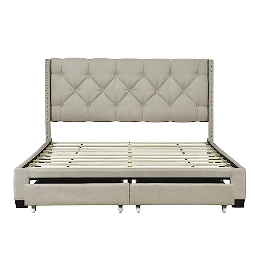 Goohome Queen Size Platform Bed with 2 Storage Drawers, Linen Upholstered Queen Bedframe with Headboard and Sturdy Wood Slats, Noise-Free, No Box Spring Needed, for Boys Girls Teenager