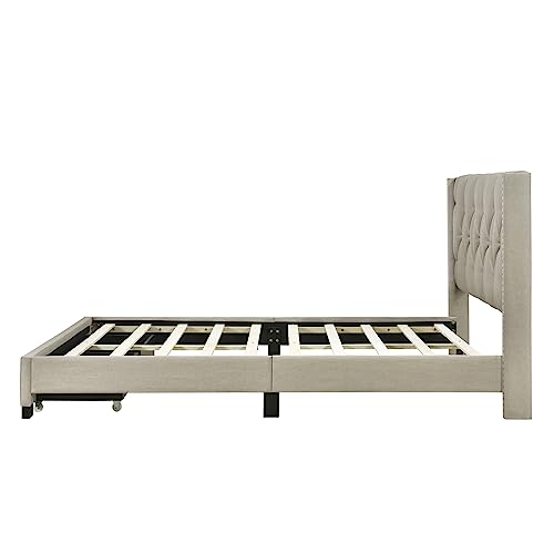 Goohome Queen Size Platform Bed with 2 Storage Drawers, Linen Upholstered Queen Bedframe with Headboard and Sturdy Wood Slats, Noise-Free, No Box Spring Needed, for Boys Girls Teenager