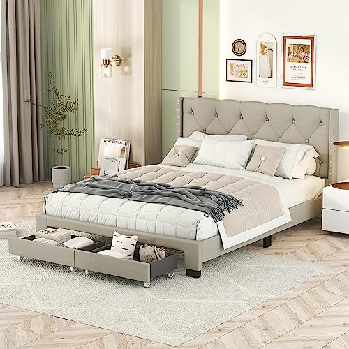Goohome Queen Size Platform Bed with 2 Storage Drawers, Linen Upholstered Queen Bedframe with Headboard and Sturdy Wood Slats, Noise-Free, No Box Spring Needed, for Boys Girls Teenager