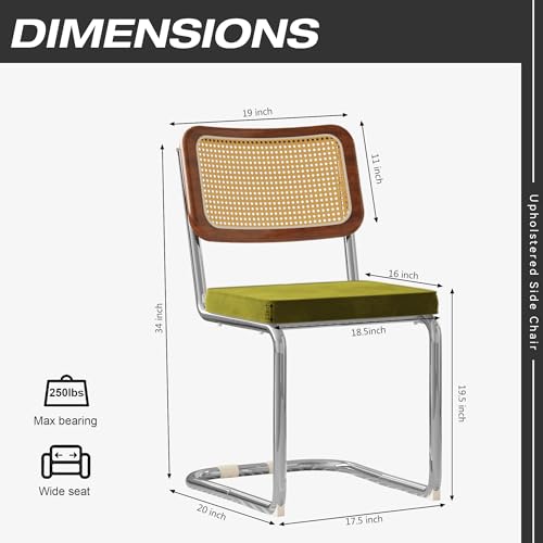 MeetLeisure Rattan Dining Chair Set of 2, Mid-Century Modern Chairs with Metal Chrome Legs, Armless Cane Back Chairs with Upholstered Cushion for Home Kitchen Dining Room, Walnut Brown/Green