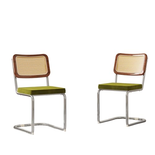MeetLeisure Rattan Dining Chair Set of 2, Mid-Century Modern Chairs with Metal Chrome Legs, Armless Cane Back Chairs with Upholstered Cushion for Home Kitchen Dining Room, Walnut Brown/Green