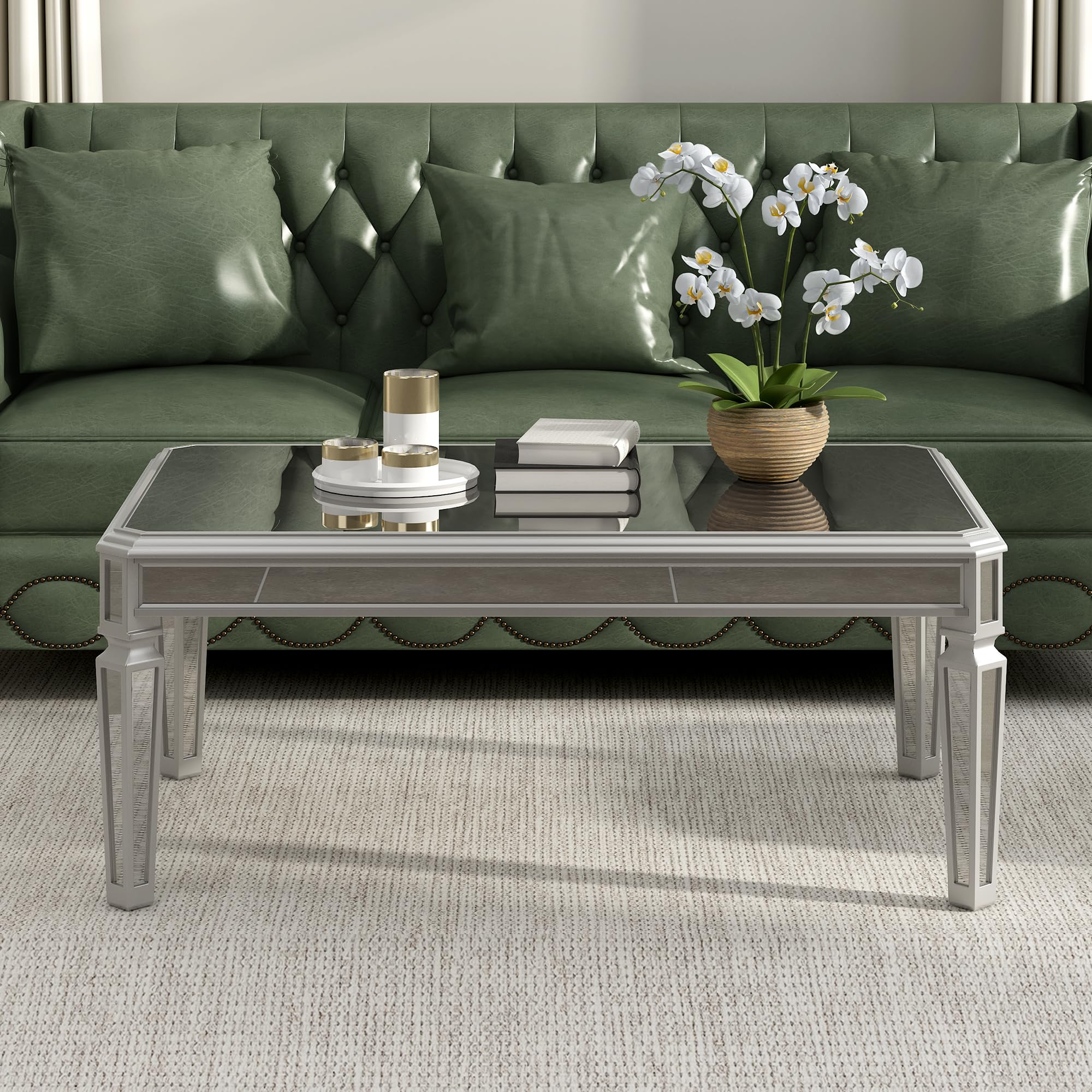 EMKK Sleek Glass Mirrored Coffee Adjustable Legs, Easy Assembly Cocktail Sturdy Design, Luxury Contemporary Center Table for Living Room, Silver