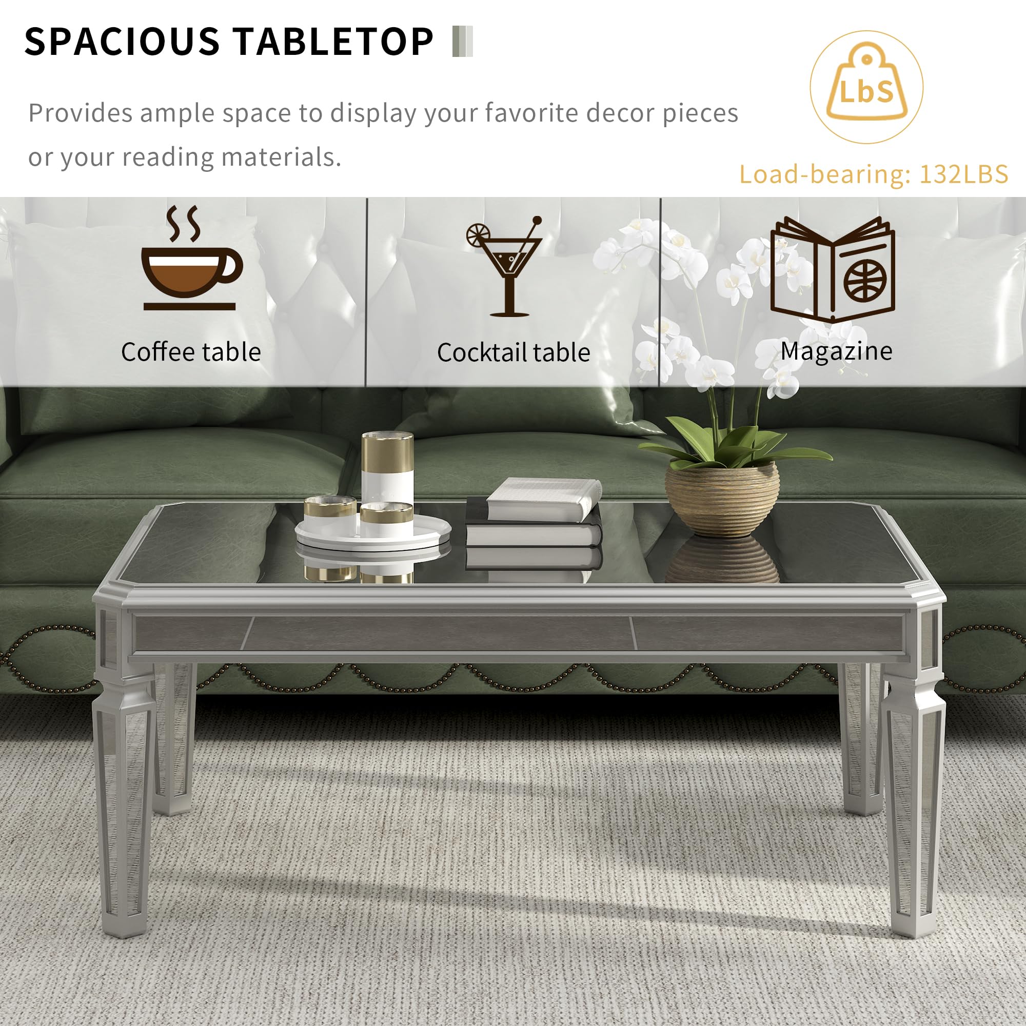 EMKK Sleek Glass Mirrored Coffee Adjustable Legs, Easy Assembly Cocktail Sturdy Design, Luxury Contemporary Center Table for Living Room, Silver