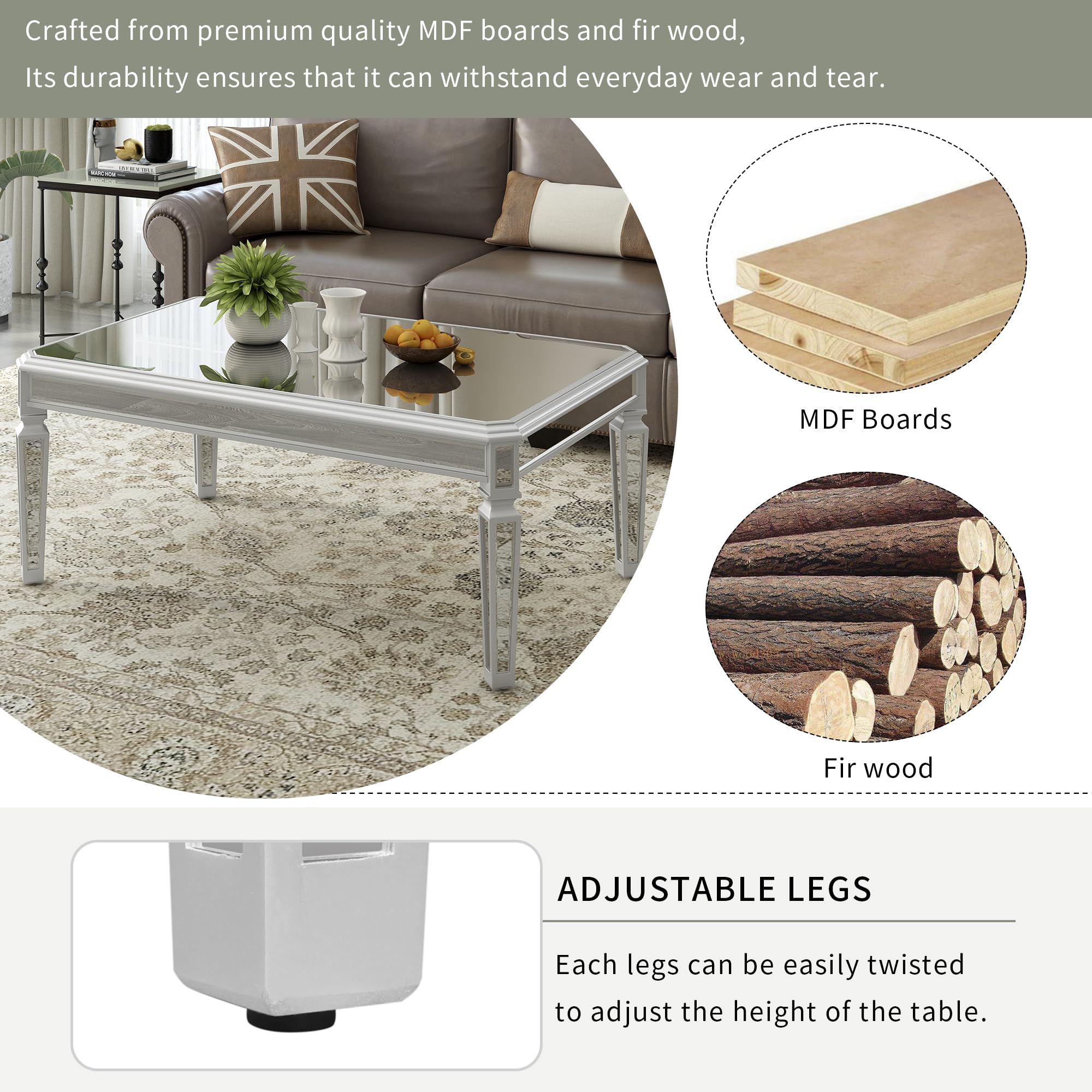 EMKK Sleek Glass Mirrored Coffee Adjustable Legs, Easy Assembly Cocktail Sturdy Design, Luxury Contemporary Center Table for Living Room, Silver