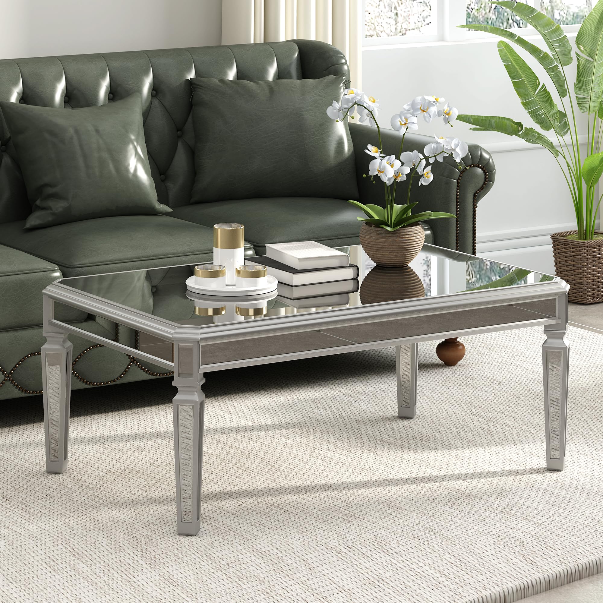 EMKK Sleek Glass Mirrored Coffee Adjustable Legs, Easy Assembly Cocktail Sturdy Design, Luxury Contemporary Center Table for Living Room, Silver