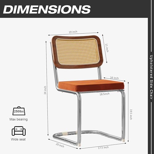 MeetLeisure Rattan Dining Chair Set of 2, Mid-Century Modern Chairs with Metal Chrome Legs, Armless Cane Back Chairs with Upholstered Cushion for Home Kitchen Dining Room, Walnut Brown/Orange