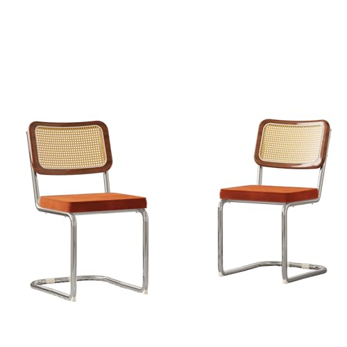 MeetLeisure Rattan Dining Chair Set of 2, Mid-Century Modern Chairs with Metal Chrome Legs, Armless Cane Back Chairs with Upholstered Cushion for Home Kitchen Dining Room, Walnut Brown/Orange