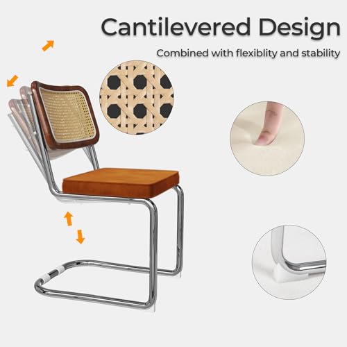 MeetLeisure Rattan Dining Chair Set of 2, Mid-Century Modern Chairs with Metal Chrome Legs, Armless Cane Back Chairs with Upholstered Cushion for Home Kitchen Dining Room, Walnut Brown/Orange
