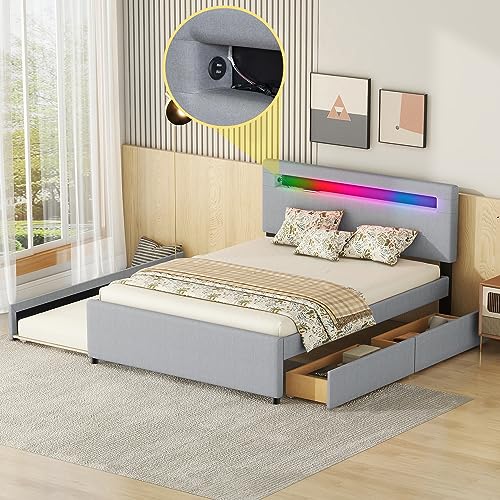 FEELHOME Queen Size Upholstered Platform Bed with 2 Storage Drawers and Twin Trundle, LED Lights and USB Charging, Linen Queen Bed Frame with Headboard and Wood Slat Support, Gray