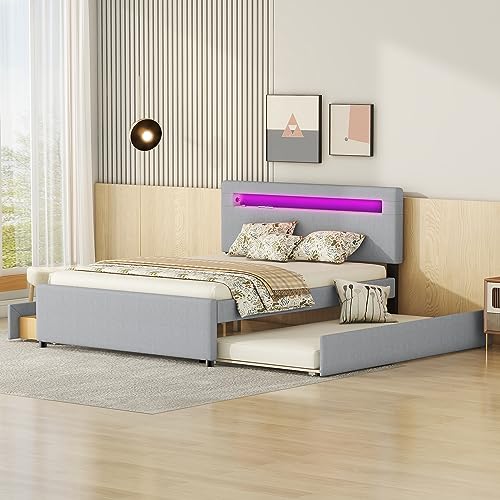 FEELHOME Queen Size Upholstered Platform Bed with 2 Storage Drawers and Twin Trundle, LED Lights and USB Charging, Linen Queen Bed Frame with Headboard and Wood Slat Support, Gray