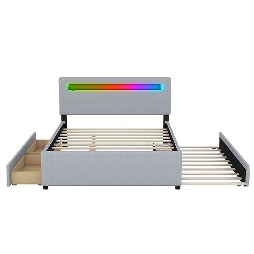 FEELHOME Queen Size Upholstered Platform Bed with 2 Storage Drawers and Twin Trundle, LED Lights and USB Charging, Linen Queen Bed Frame with Headboard and Wood Slat Support, Gray