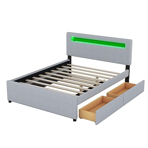 FEELHOME Queen Size Upholstered Platform Bed with 2 Storage Drawers and Twin Trundle, LED Lights and USB Charging, Linen Queen Bed Frame with Headboard and Wood Slat Support, Gray