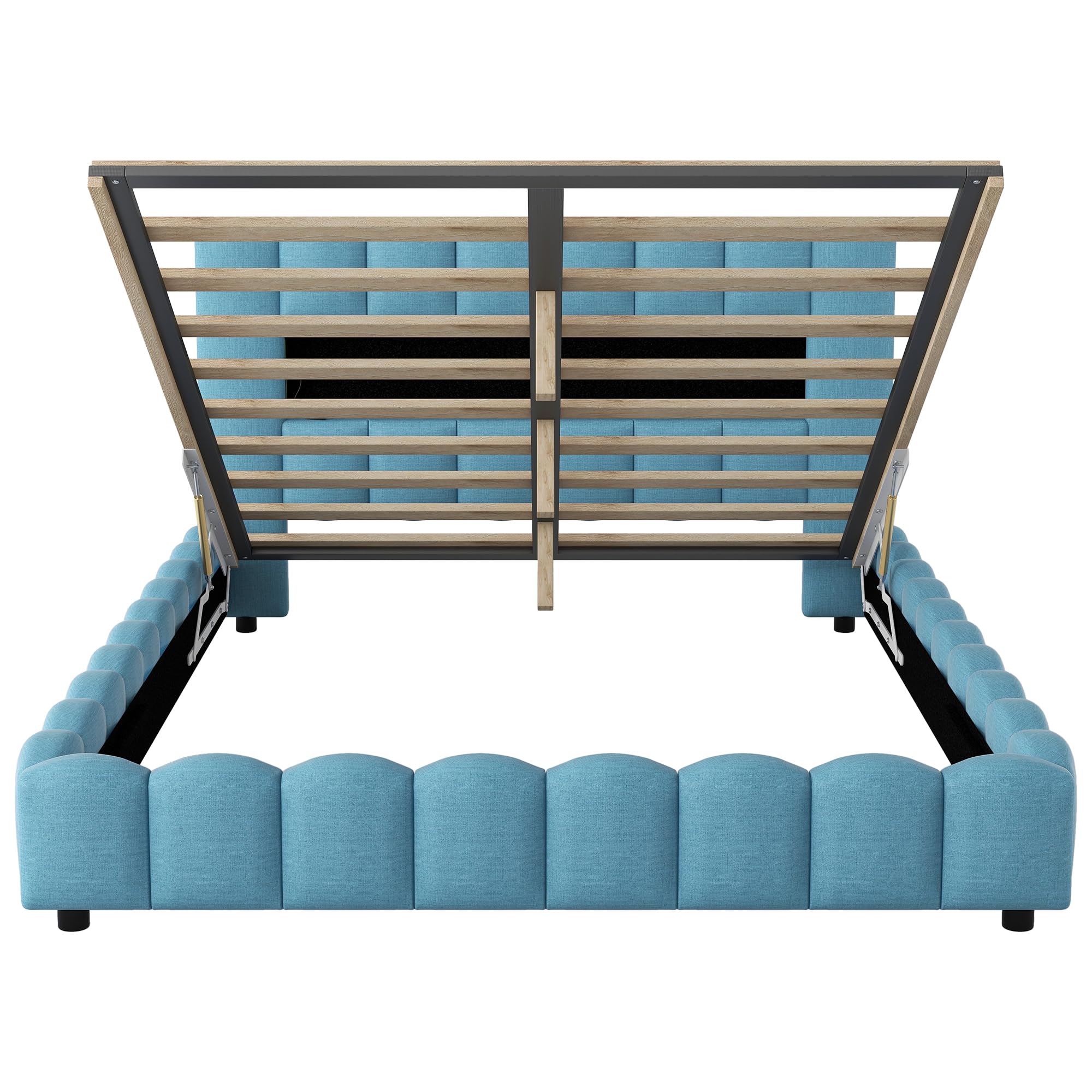 HABUHOME Queen Size Lift Up Storage Bed/Button Tufted Wingback Headboard/Hydraulic Storage/Upholstered Platform Bed Frame/No Box Spring Needed/Wood Slats Support/Light,Blue