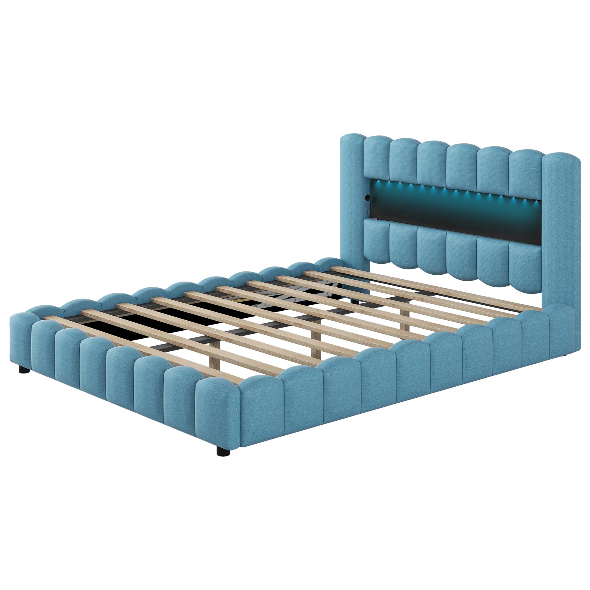 HABUHOME Queen Size Lift Up Storage Bed/Button Tufted Wingback Headboard/Hydraulic Storage/Upholstered Platform Bed Frame/No Box Spring Needed/Wood Slats Support/Light,Blue