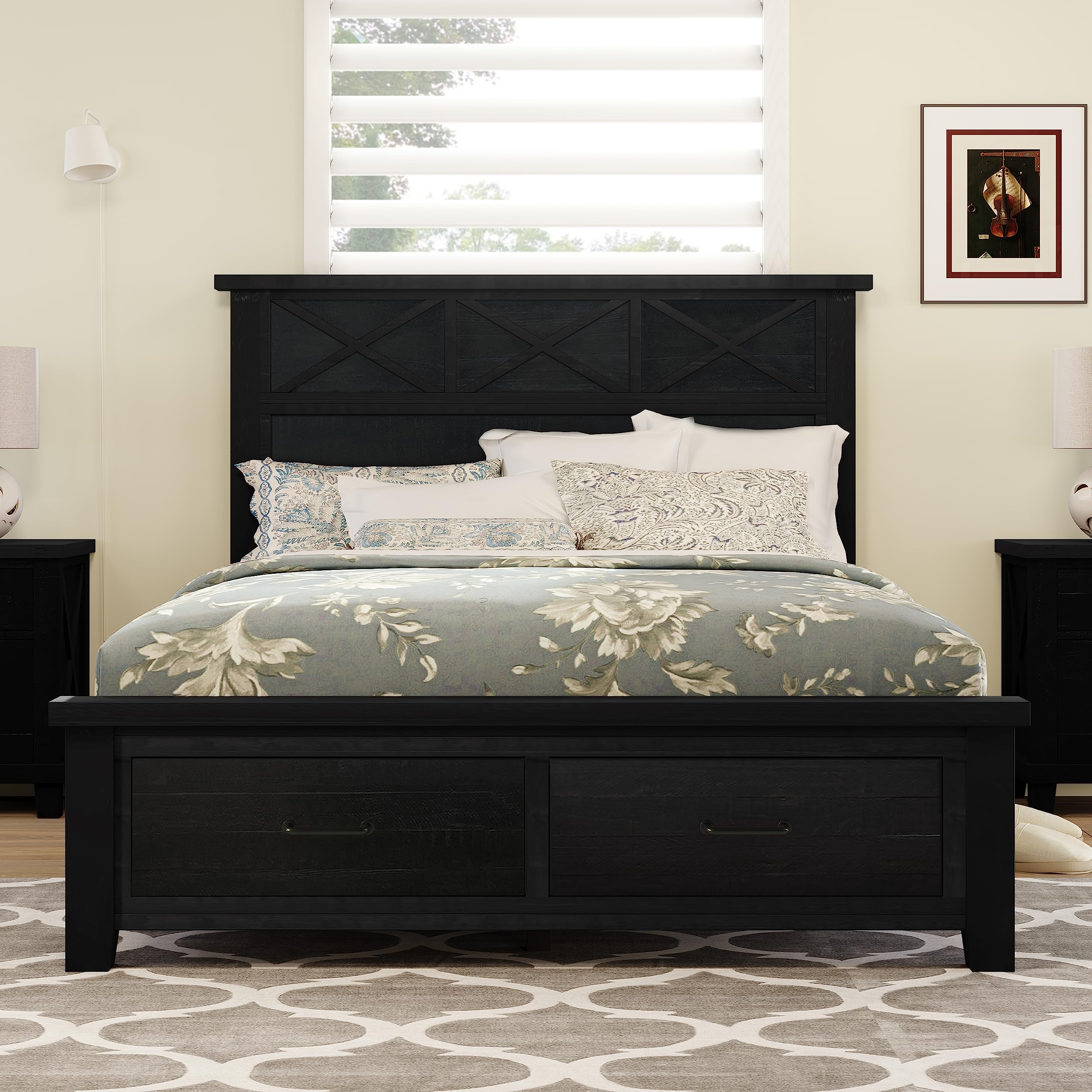 FANYHOME Queen Size Platform Storage Bed with Two Drawers, Rustic Farmhouse Style Wood Platform Bed Frame with Headboard and Wood Slats Suppoer, Footboard Drawer Storage,Coffee