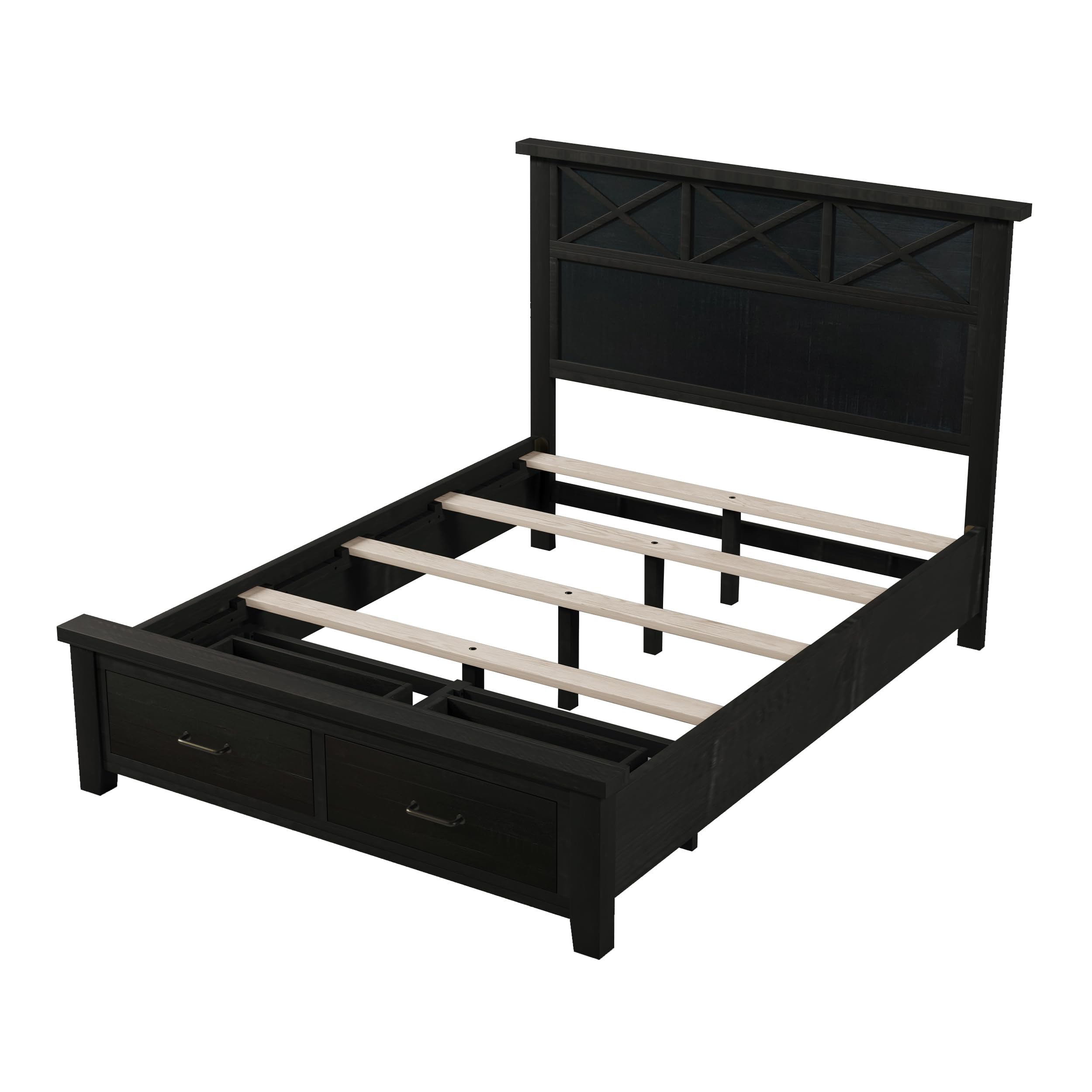 FANYHOME Queen Size Platform Storage Bed with Two Drawers, Rustic Farmhouse Style Wood Platform Bed Frame with Headboard and Wood Slats Suppoer, Footboard Drawer Storage,Coffee