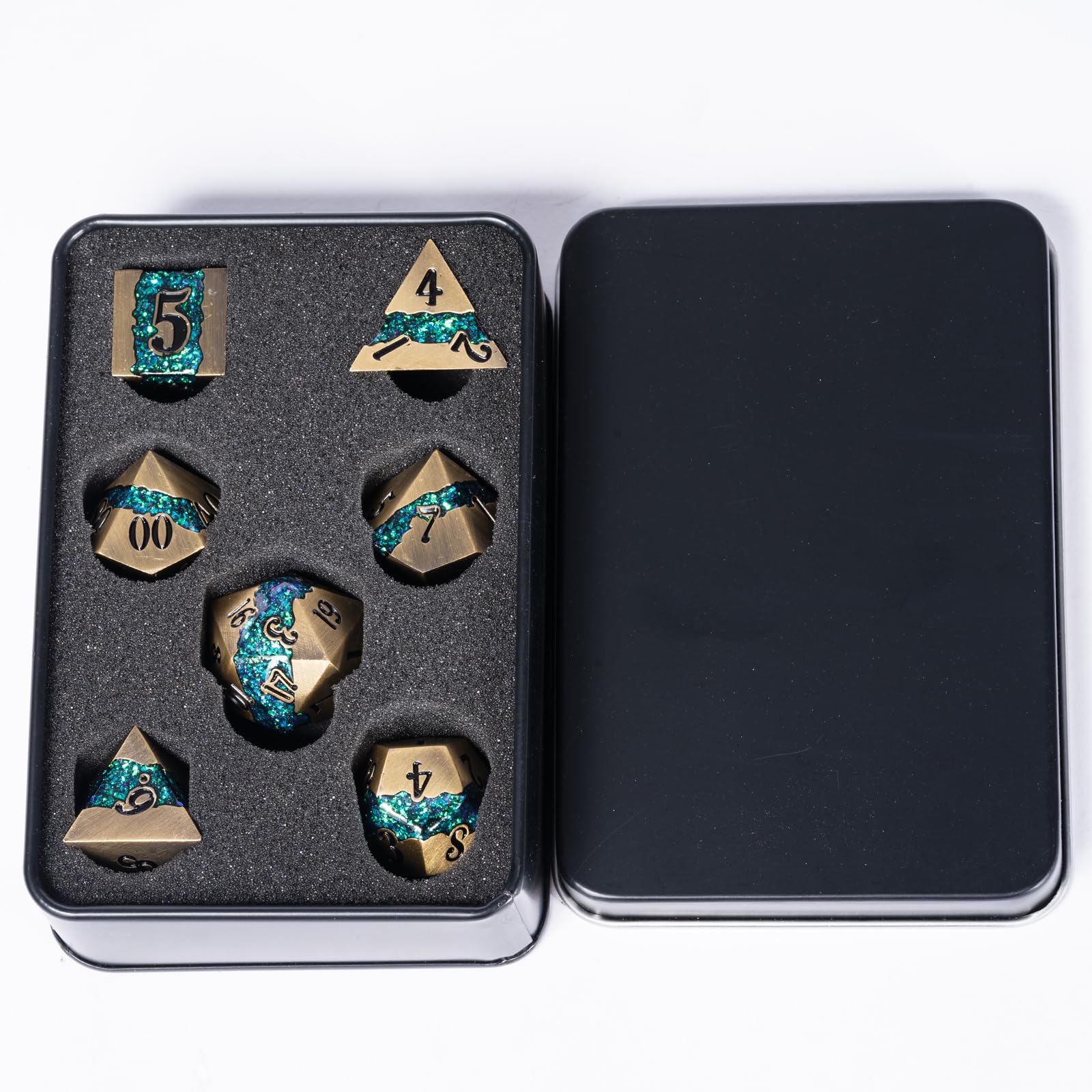 Maywin Metal RPG Dice Set,Mica Glitter Stripe Dice DND,Antique Bronze Dice 7pcs Set for Dungeons and Dragons