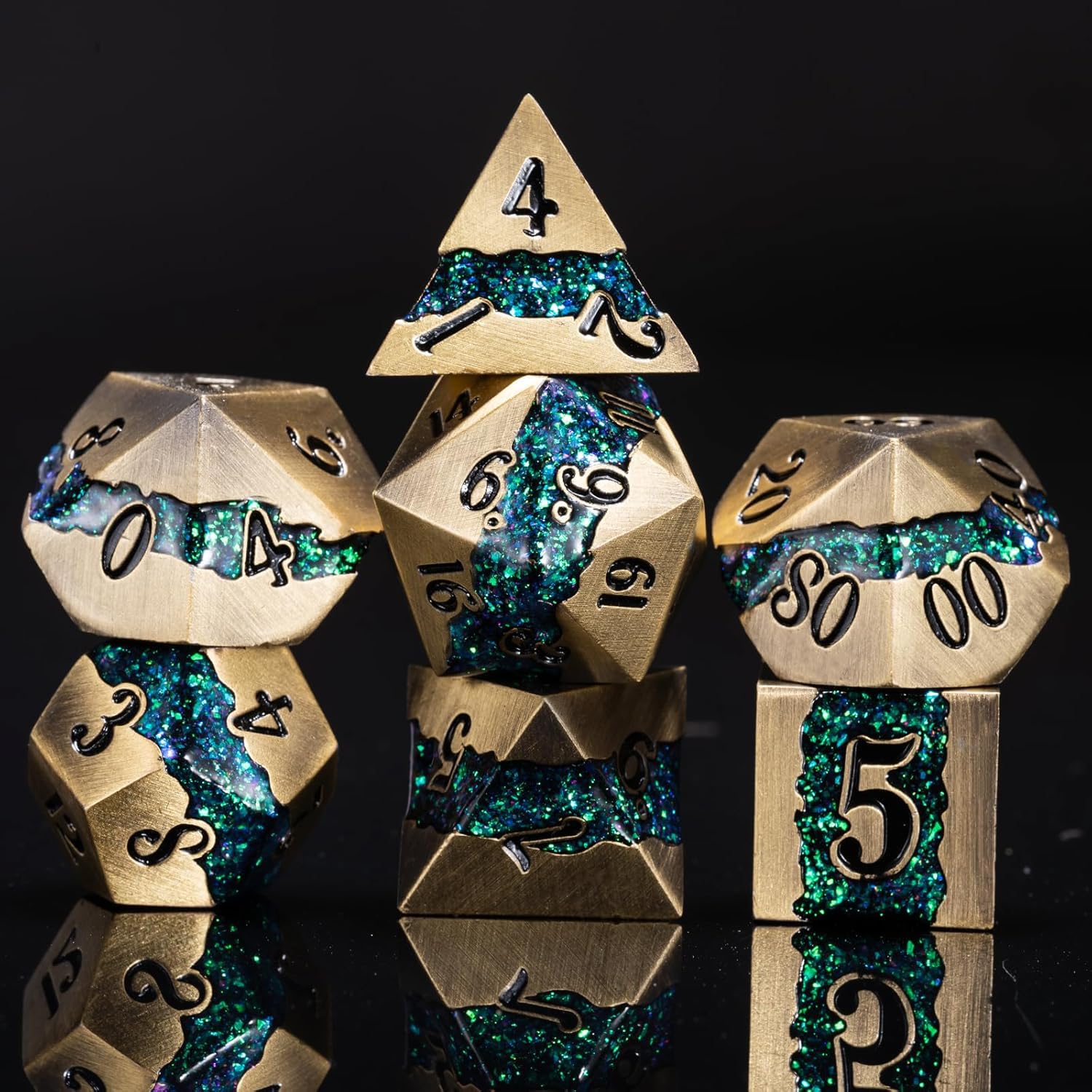 Maywin Metal RPG Dice Set,Mica Glitter Stripe Dice DND,Antique Bronze Dice 7pcs Set for Dungeons and Dragons