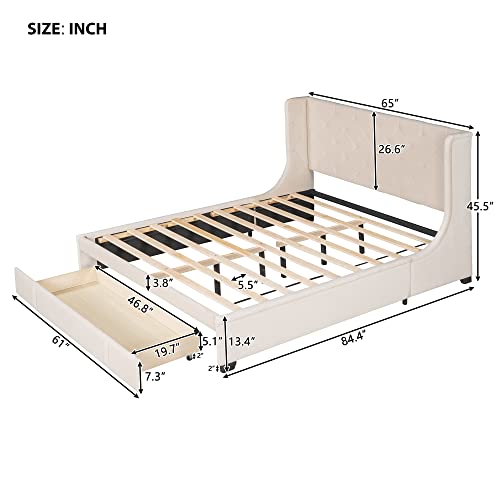Prohon Upholstered Platform Bed with Wingback Headboard and 1 Big Storage Drawer, Velvet Tufted Bed Frame Queen Size, No Box Spring Needed, Easy to Install, Wooden Slats Support, Beige
