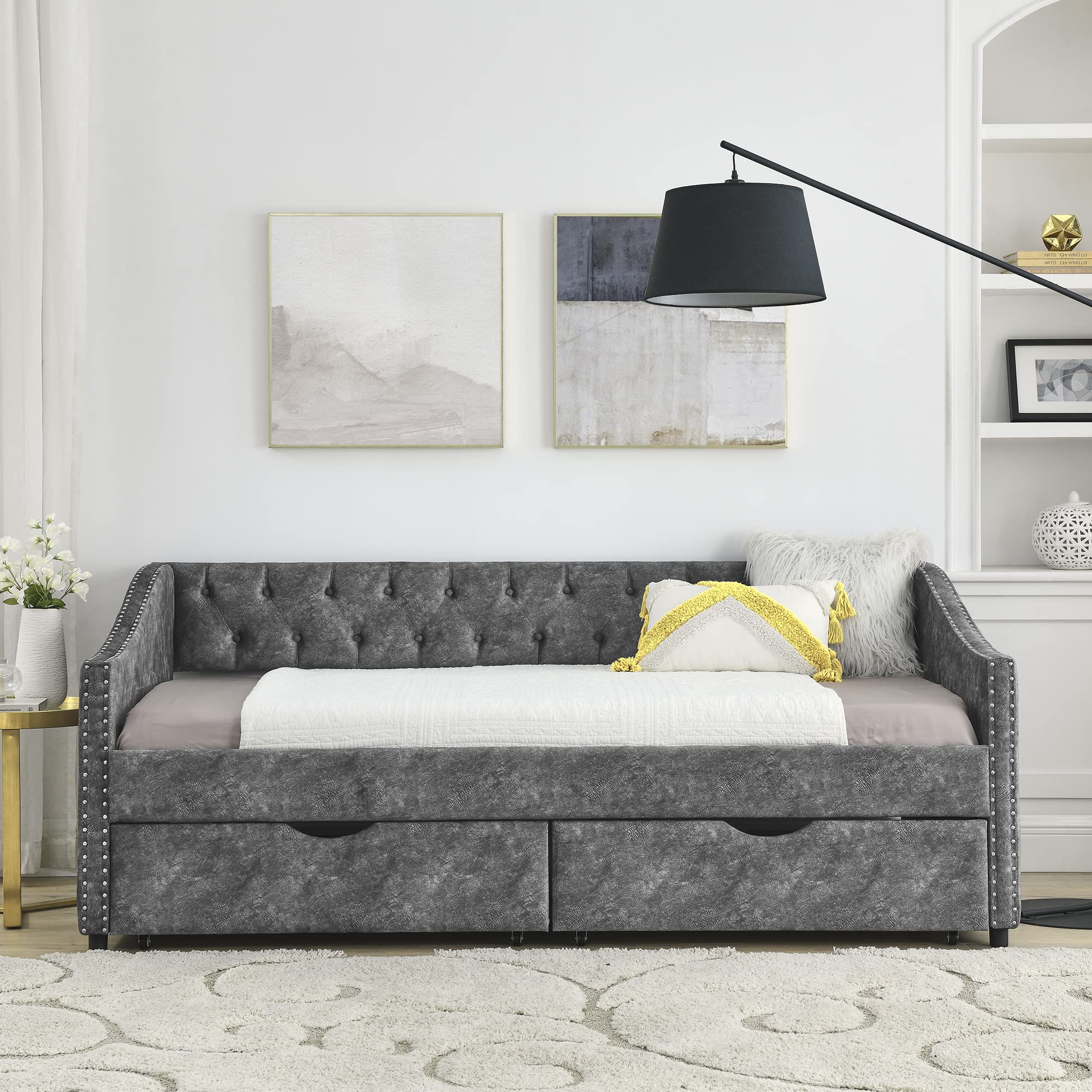 Lovtimber Twin Size Daybed with Double Storage Drawers, Upholstered Sofa Bed, Wooden Couch Tufted Backrest & Nailhead Armrest, for Bedroom Furniture, Living Room, Gray