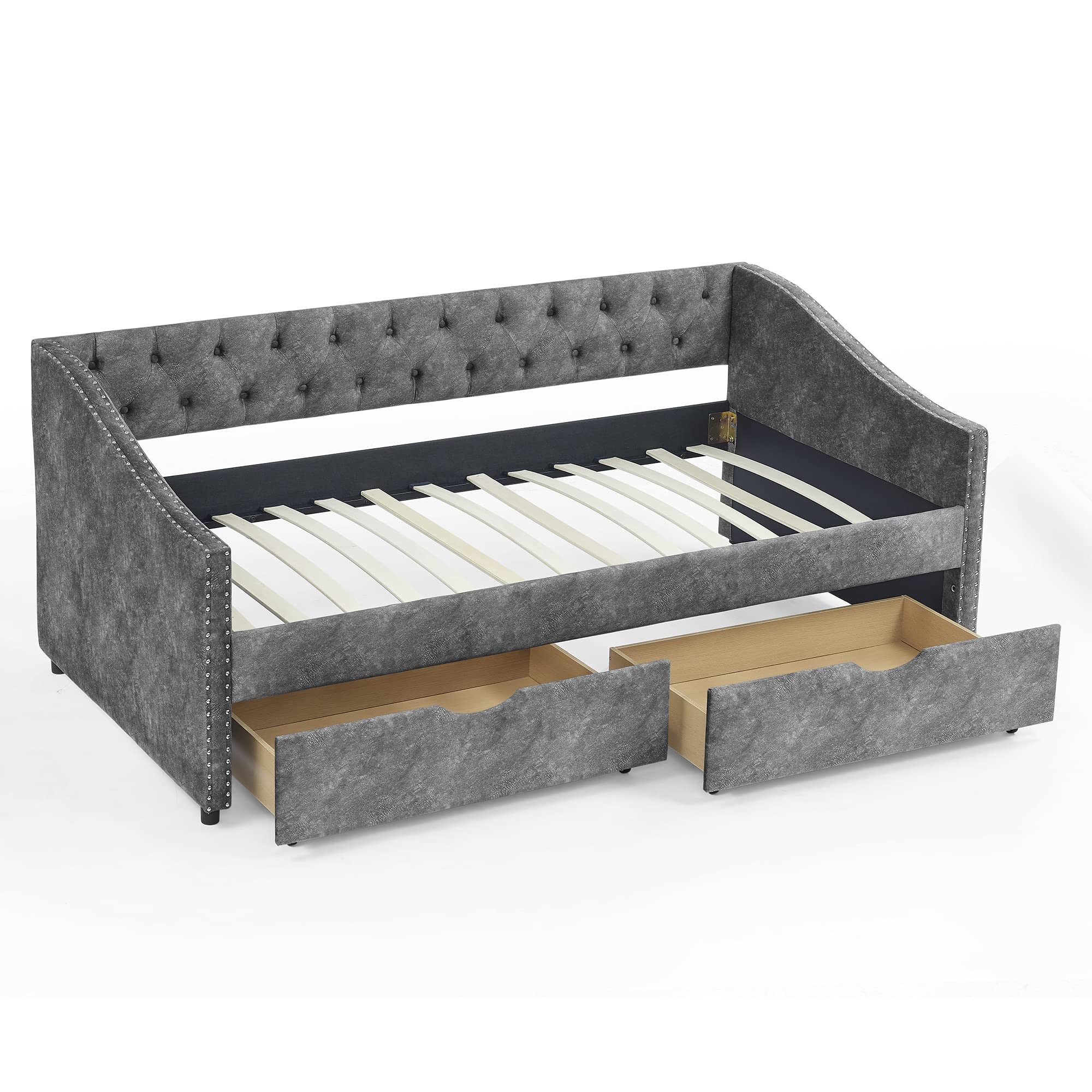 Lovtimber Twin Size Daybed with Double Storage Drawers, Upholstered Sofa Bed, Wooden Couch Tufted Backrest & Nailhead Armrest, for Bedroom Furniture, Living Room, Gray