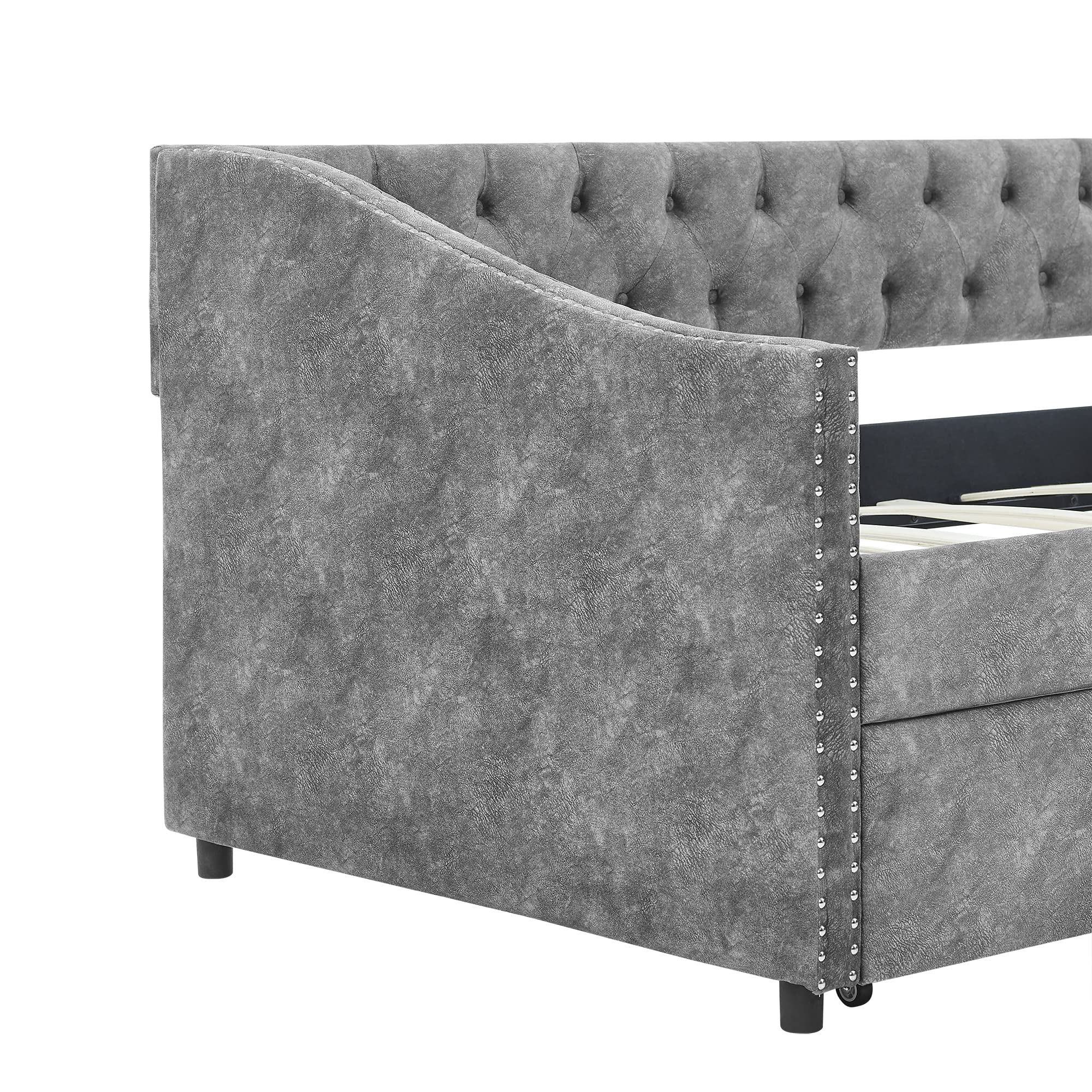 Lovtimber Twin Size Daybed with Double Storage Drawers, Upholstered Sofa Bed, Wooden Couch Tufted Backrest & Nailhead Armrest, for Bedroom Furniture, Living Room, Gray