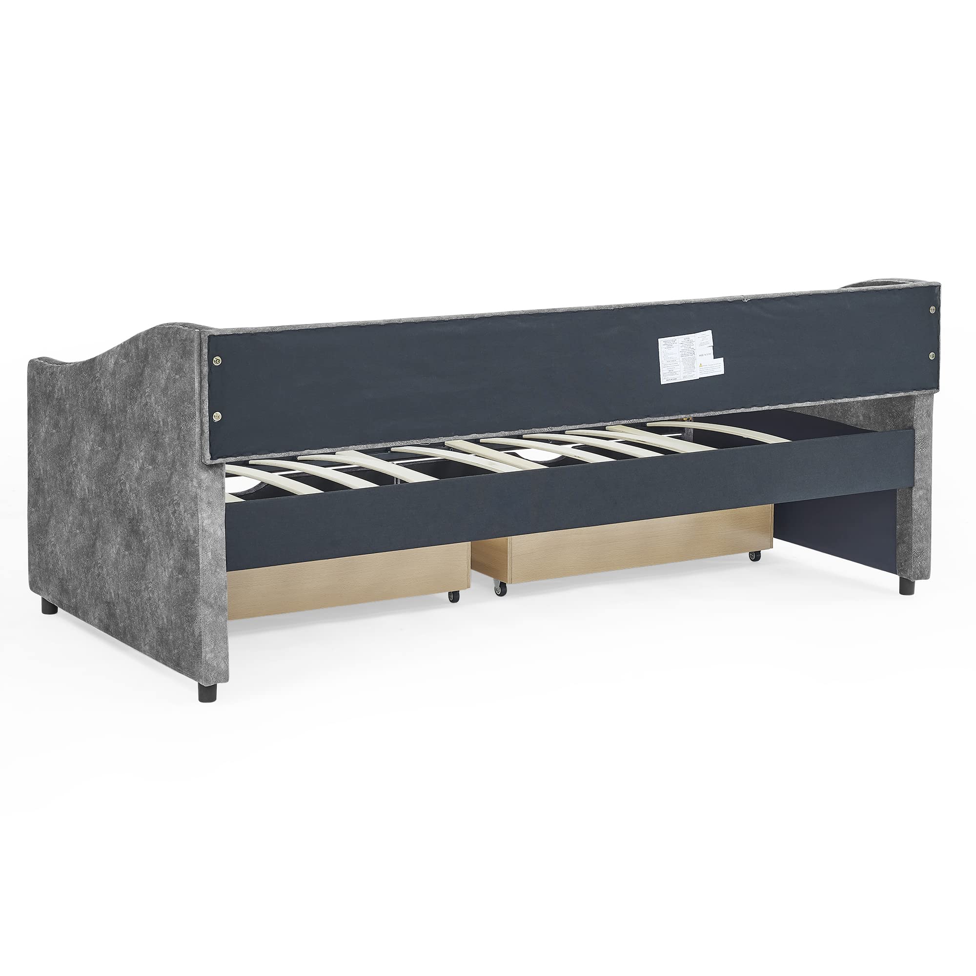 Lovtimber Twin Size Daybed with Double Storage Drawers, Upholstered Sofa Bed, Wooden Couch Tufted Backrest & Nailhead Armrest, for Bedroom Furniture, Living Room, Gray