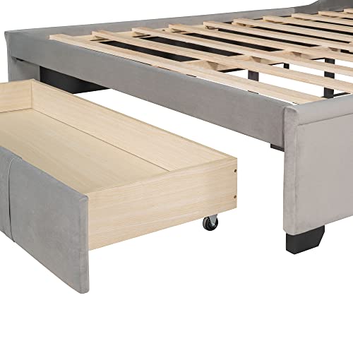 Prohon Upholstered Platform Bed with Wingback Headboard and 1 Big Storage Drawer, Velvet Tufted Bed Frame Queen Size, No Box Spring Needed, Easy to Install, Wooden Slats Support, Grey
