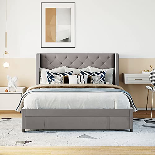 Prohon Upholstered Platform Bed with Wingback Headboard and 1 Big Storage Drawer, Velvet Tufted Bed Frame Queen Size, No Box Spring Needed, Easy to Install, Wooden Slats Support, Grey