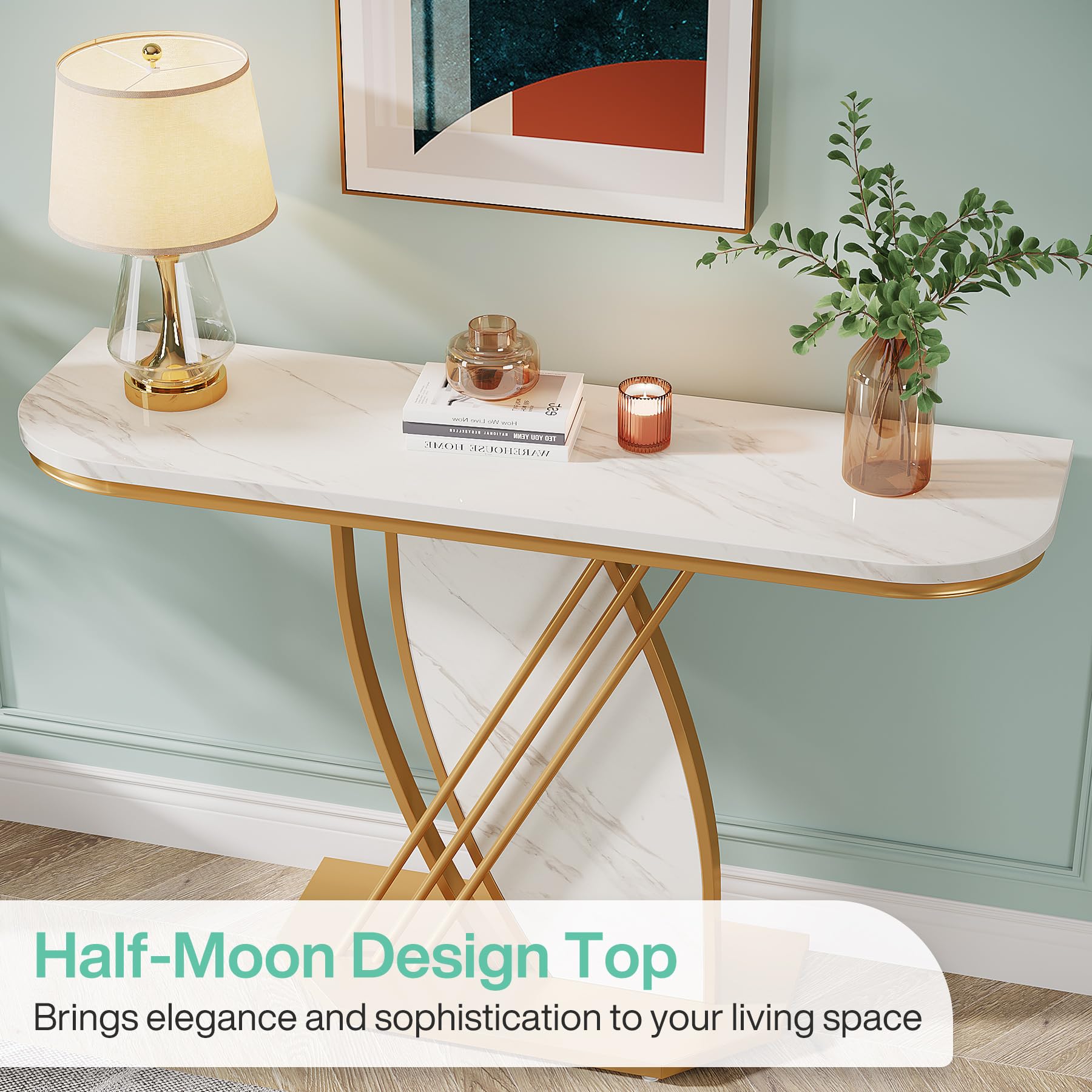 Tribesigns Gold Entryway Table, Modern Console Table, Half Moon Entry Table with Geometric Metal Legs, Faux Marble Narrow Sofa Table Hallway Table for Entrance, Living Room, White & Gold