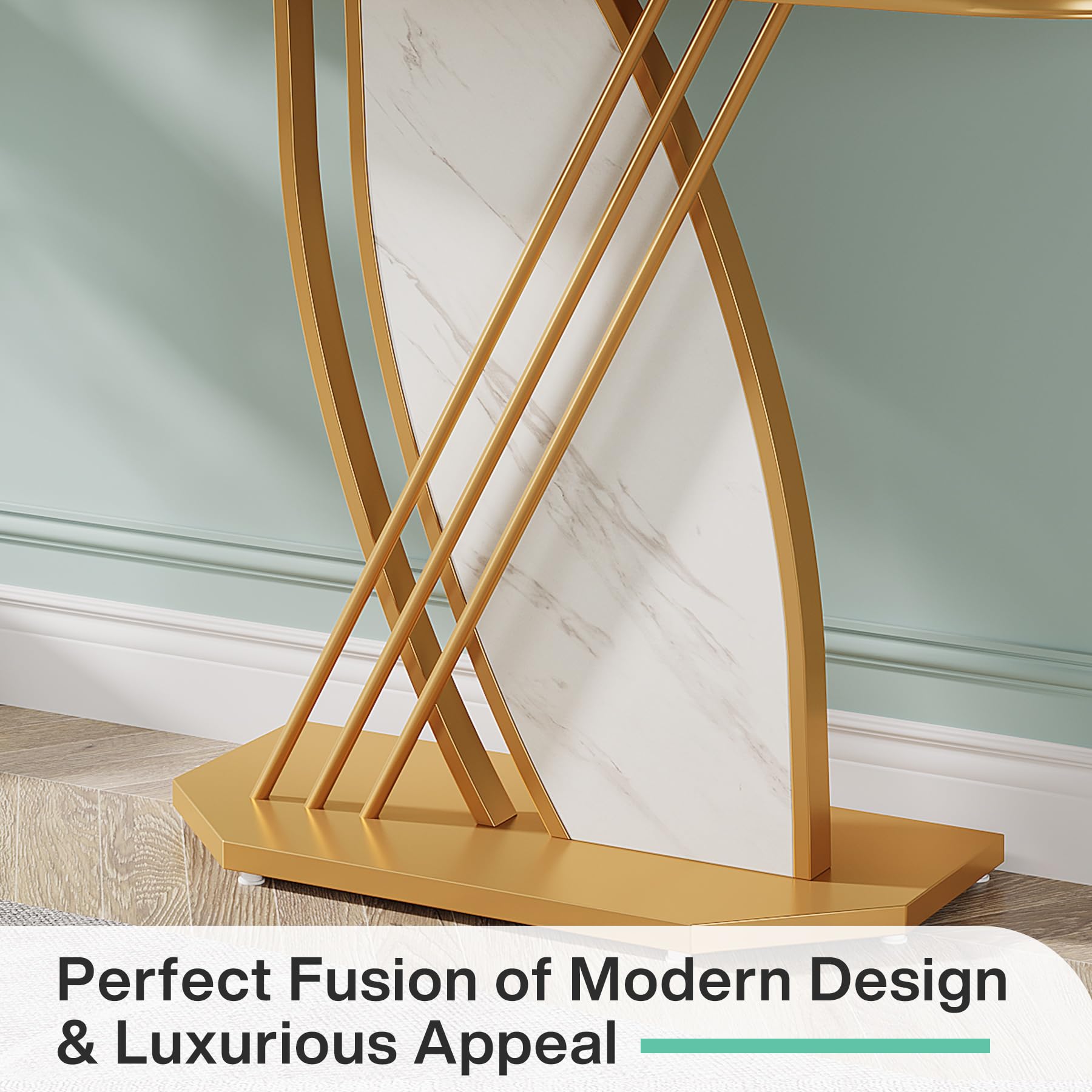 Tribesigns Gold Entryway Table, Modern Console Table, Half Moon Entry Table with Geometric Metal Legs, Faux Marble Narrow Sofa Table Hallway Table for Entrance, Living Room, White & Gold
