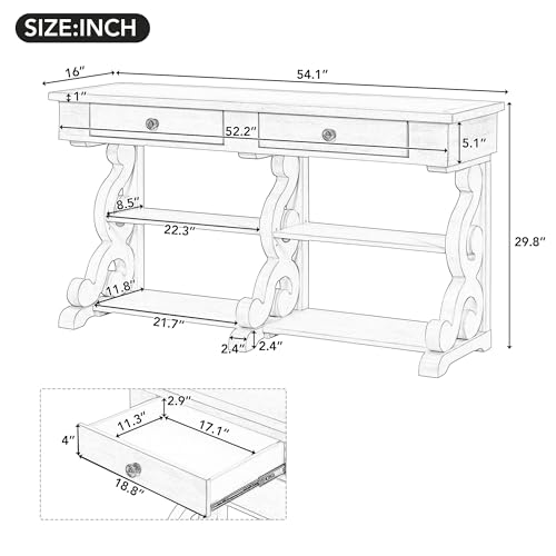 Rockjame Console Table, Retro Wood Sideboard with Ample Storage, Classic Accent Entryway Table with 2 Drawers and Open Adjustable Shelves for Entrance Dinning Room Living Room (Antique White)