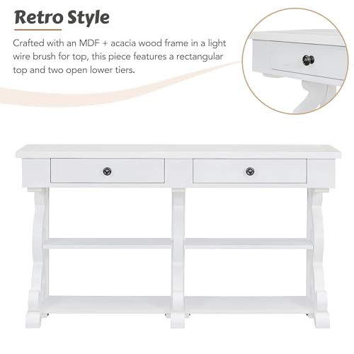 Rockjame Console Table, Retro Wood Sideboard with Ample Storage, Classic Accent Entryway Table with 2 Drawers and Open Adjustable Shelves for Entrance Dinning Room Living Room (Antique White)